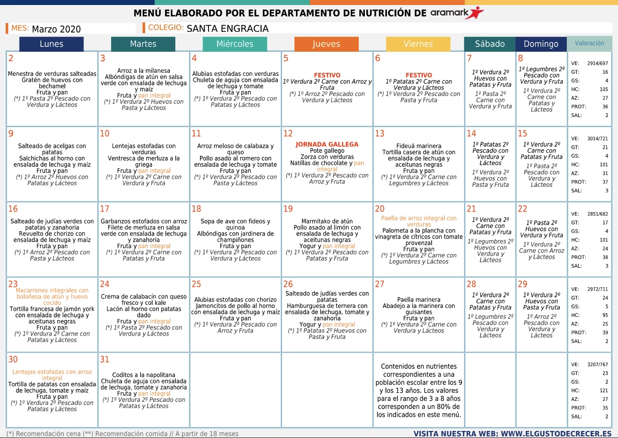Menú escolar | Colegio Escolapias Santa Engracia - FE Escolapias
